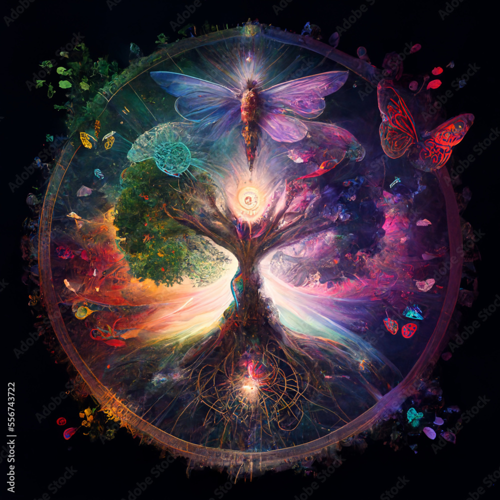 The World Tree with chakras and butterflies, facilitation of meditation ...