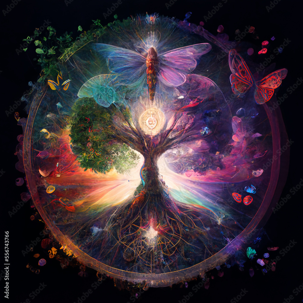 The World Tree with chakras and butterflies, facilitation of meditation ...