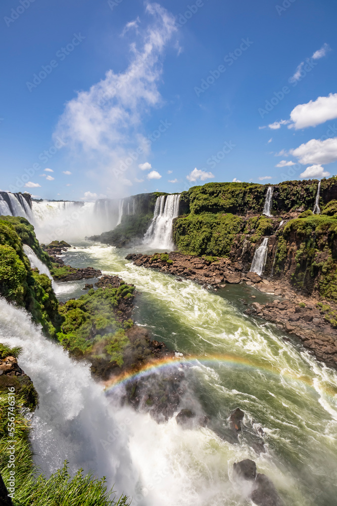 Lush foliage surrounding the waterfalls of Iguazu Falls; Foz do Iguacu ...