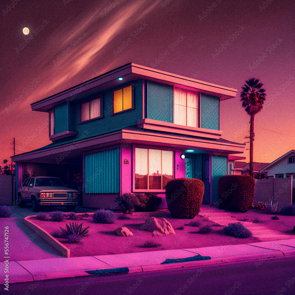 Synthwave Real Estate, Retro Miami house illustartion, granular texture ...