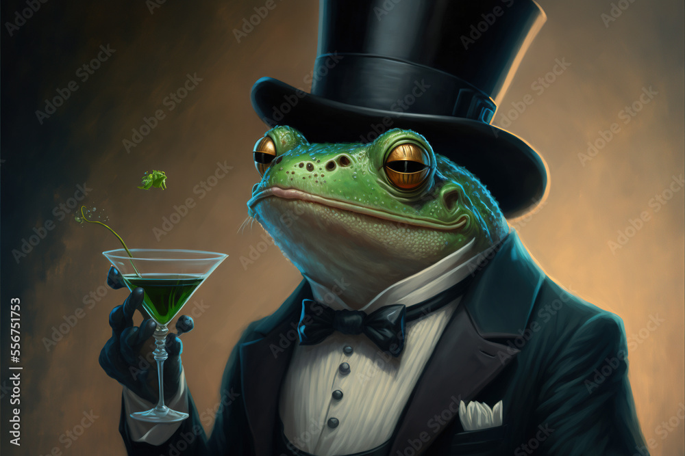 Ilustrace „Frog in a top hat and tux, holding a drink, fantasy ...