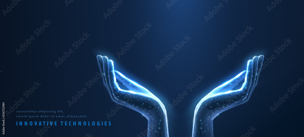 Holding hands. Abstract 3d low poly two hands hold something for care ...