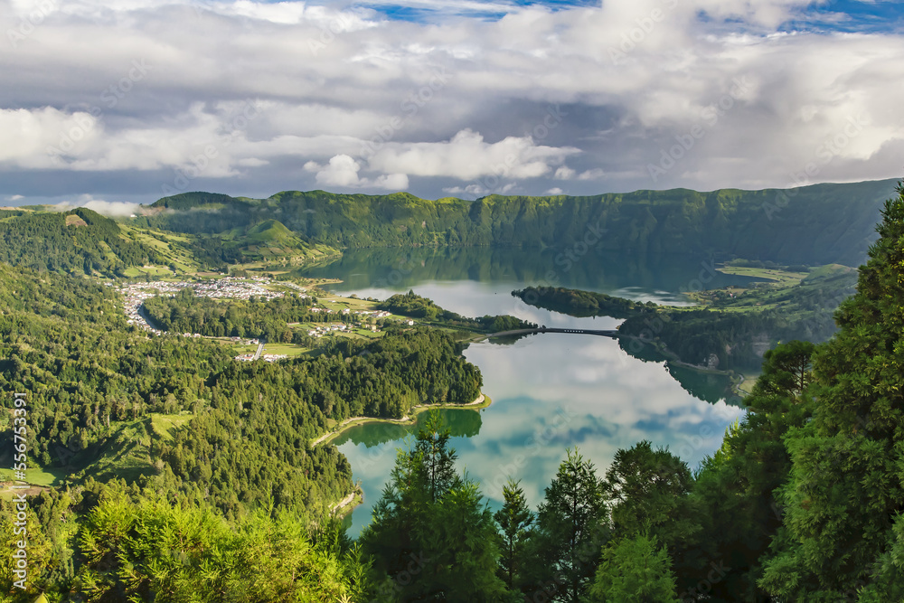 Lakes and lush vegetation of the Sete Cidades in the volcanic crater ...
