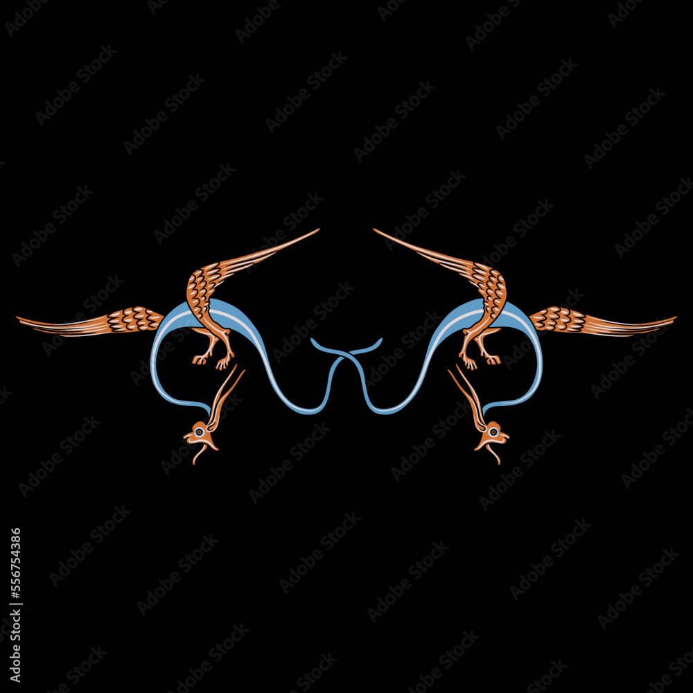 Symmetrical animal design with two fantastic winged dragons. Medieval ...