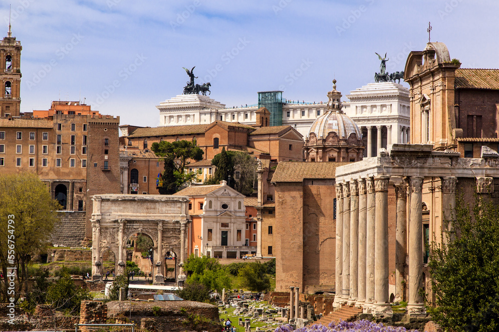 Overview of ancient buildings of the Roman Forum with the Arch of ...