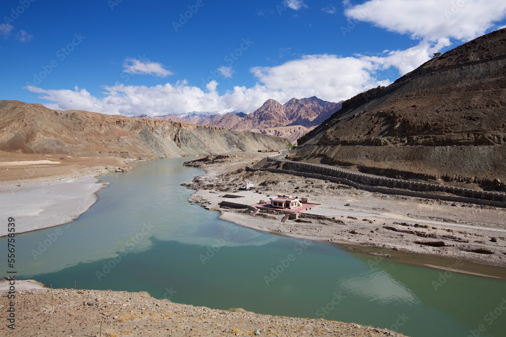 A river confluence in the Indus Valley on the Tibetan Plateau in the ...