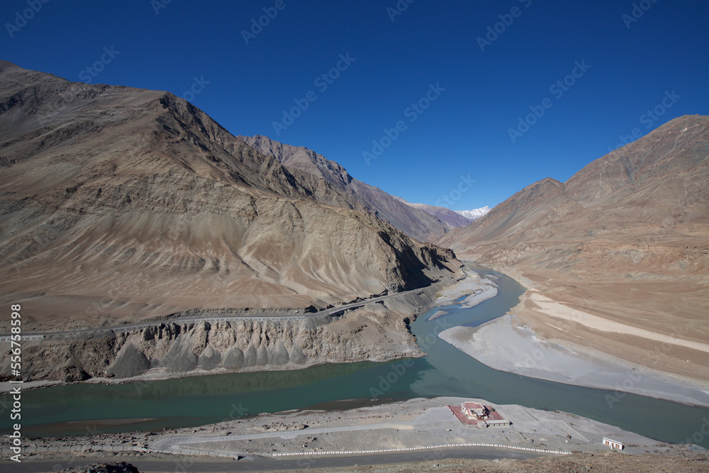 Confluence of the Zanskar and Indus Rivers at Nimoo in the Indus Valley ...
