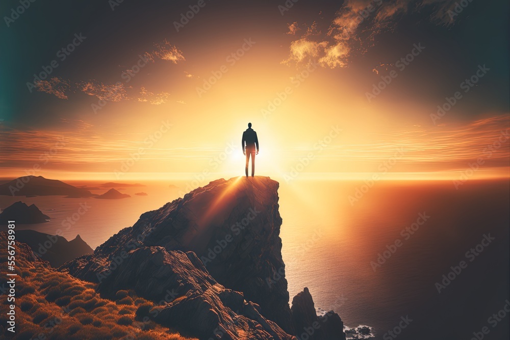 Image of a person basking in the sun on a hill overlooking the ocean to ...