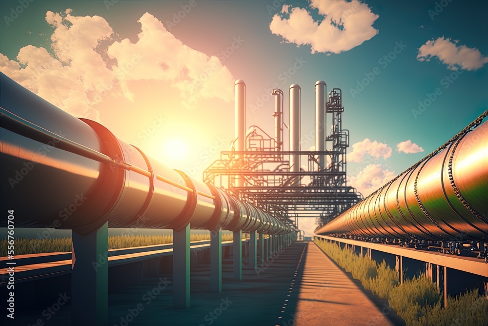 Sunlight shining on oil refinery pipeline and pipe rack Generative AI ...