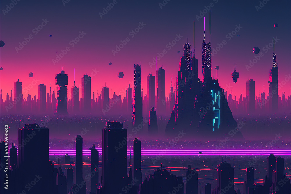 Vaporwave synthwave Cyberpunk City Skyline, Stock Illustration | Adobe ...
