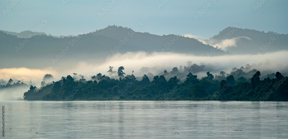 Dawn morning mist rising over the jungle covered banks of the ...