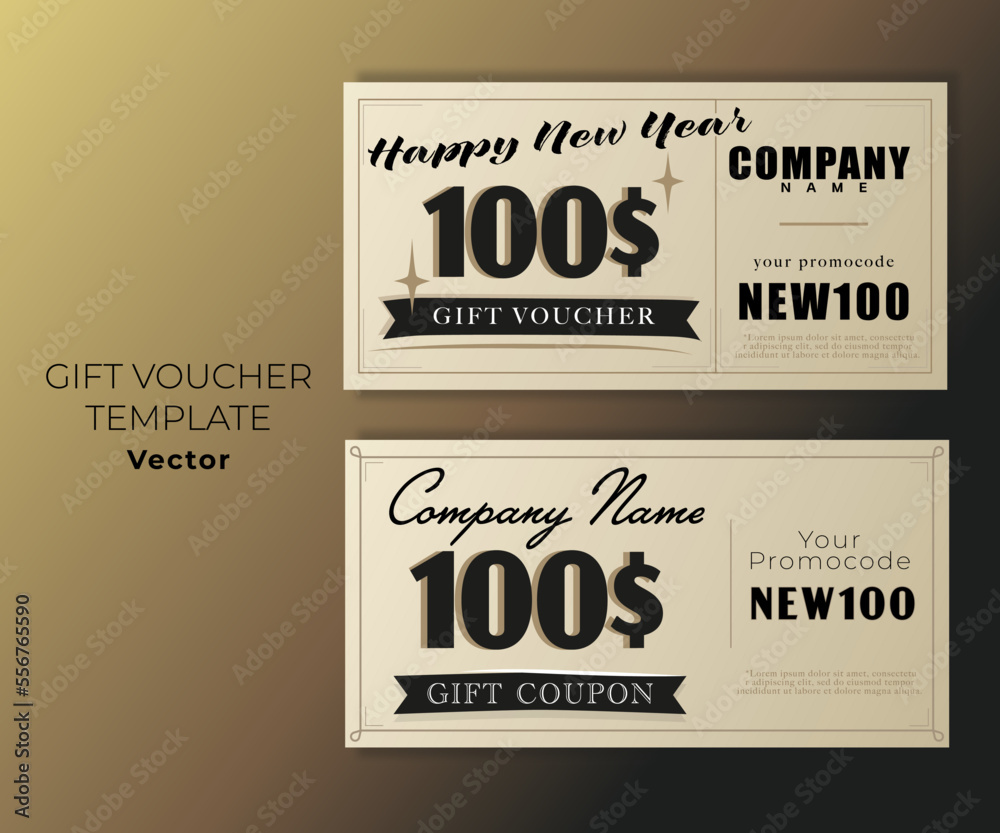 Golden gift voucher template in vintage style on beige background ...