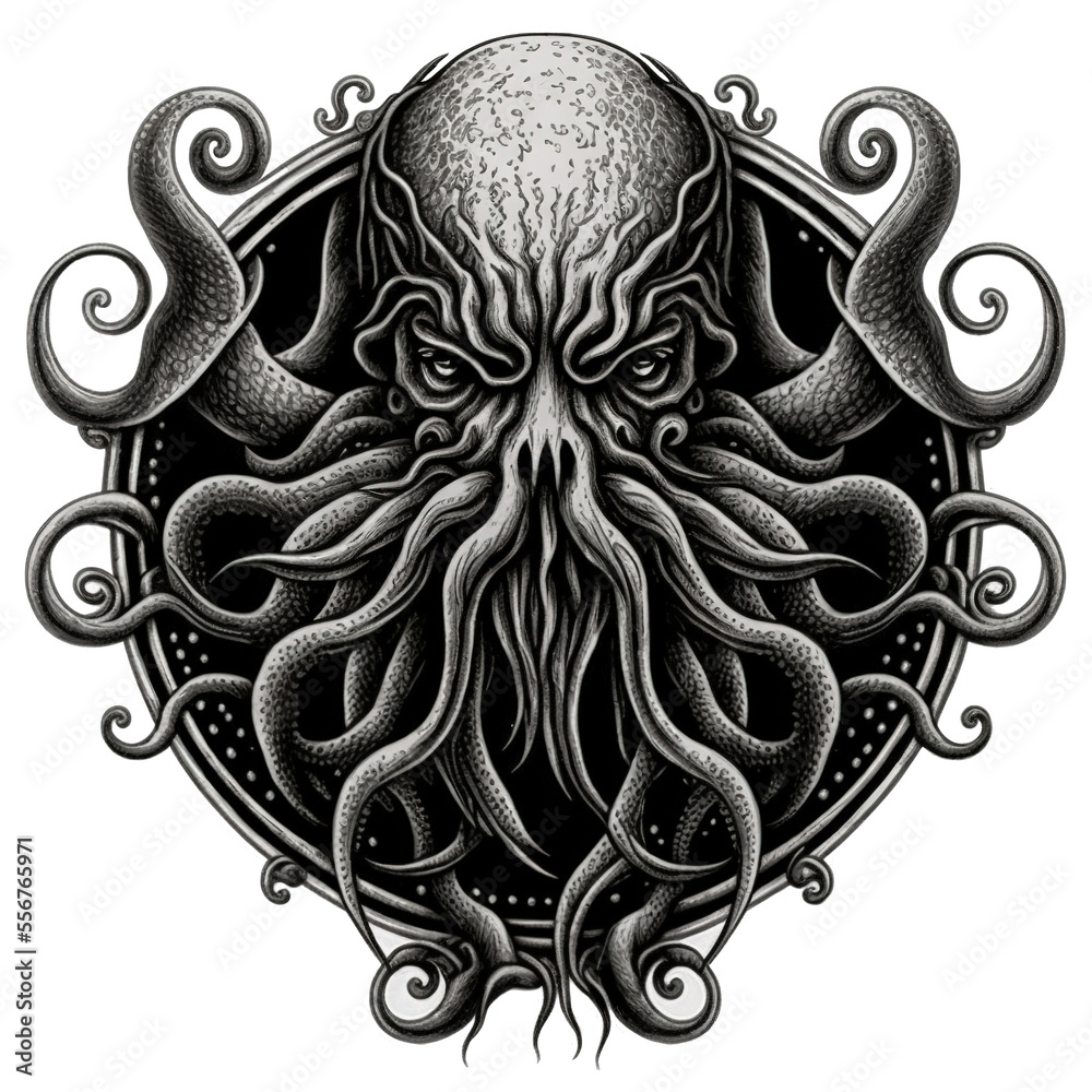 Cthulhu gothic engraving tattoo illustration on transparent background ...