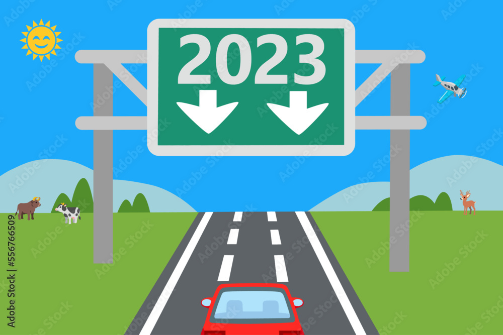 highway 2023 with car and directional road sign,new year concept,vector ...