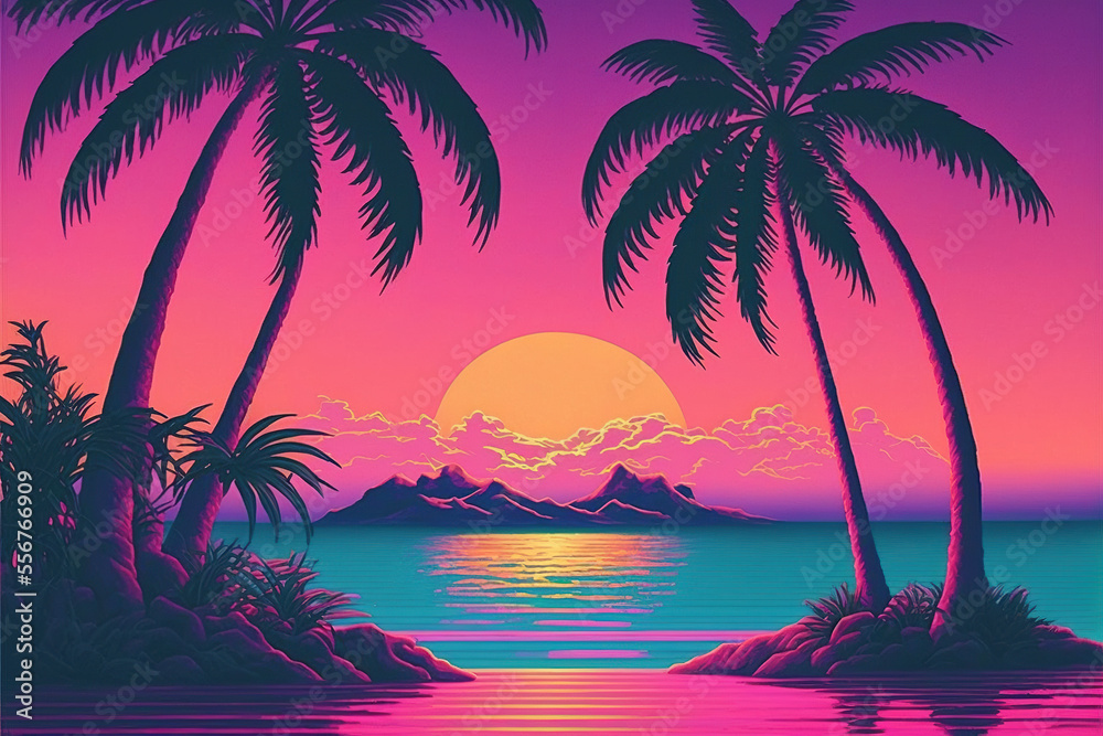 Vaporwave synthwave beach landscape with palm trees illustration, Stock ...