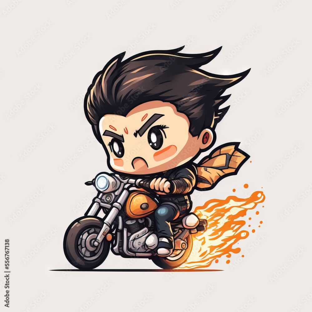 a cartoon character riding a motorcycle with flames coming out of it's ...