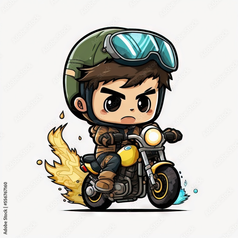 a cartoon character riding a motorcycle with a helmet on and a flame ...