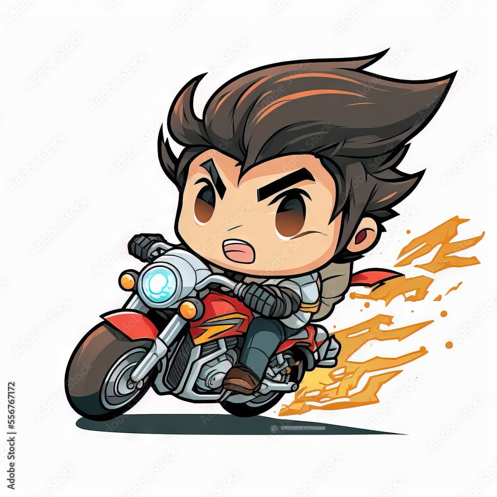 a cartoon character riding a motorcycle with flames coming out of it's ...