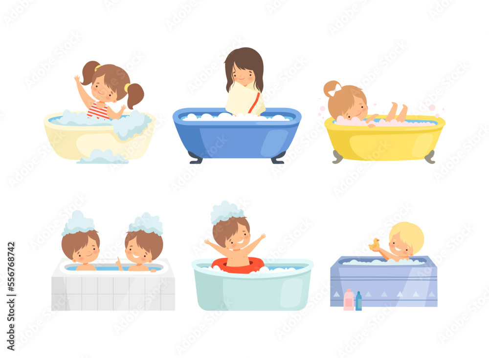 Cute kids taking bath set. Happy children sitting in bathtub with soap ...