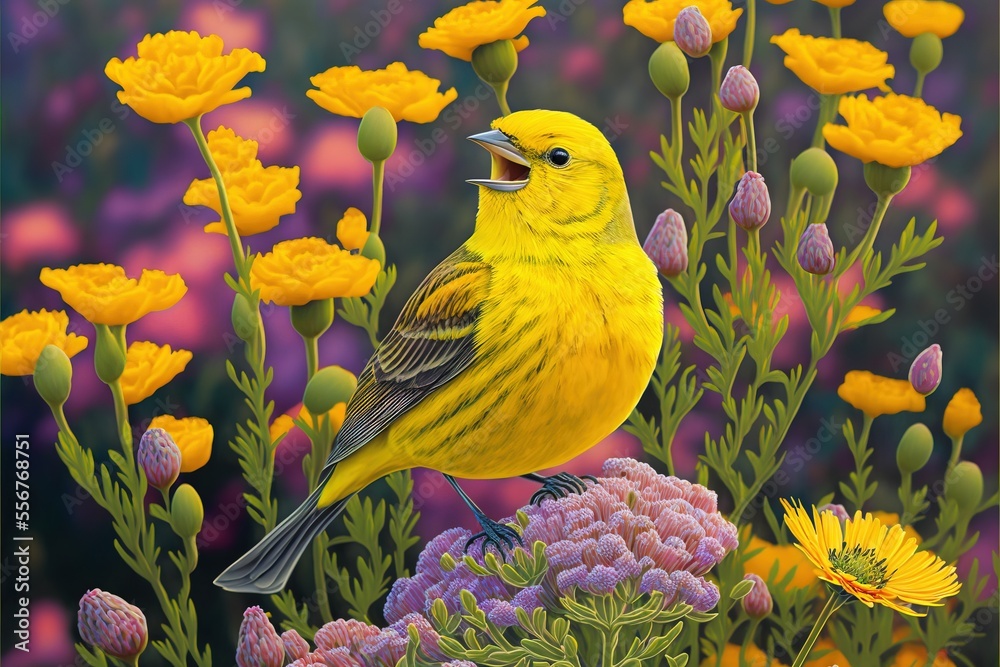 a yellow bird sitting on a flower filled field of flowers with a purple ...