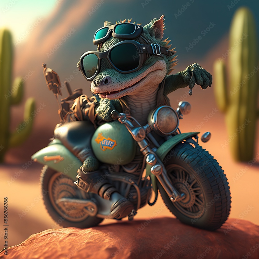a cartoon frog riding a motorcycle in the desert with a helmet on and ...