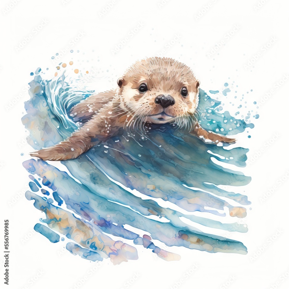 a watercolor painting of a sea otter swimming in the ocean with a white ...