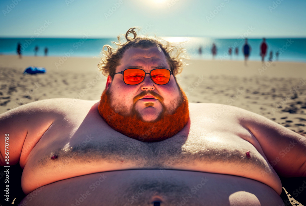 Obese shirtless man getting a sunburn at the beach. Created with ...