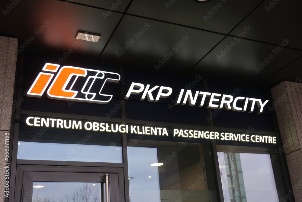 ICC PKP Intercity signage, logo on the facade of Polish National ...