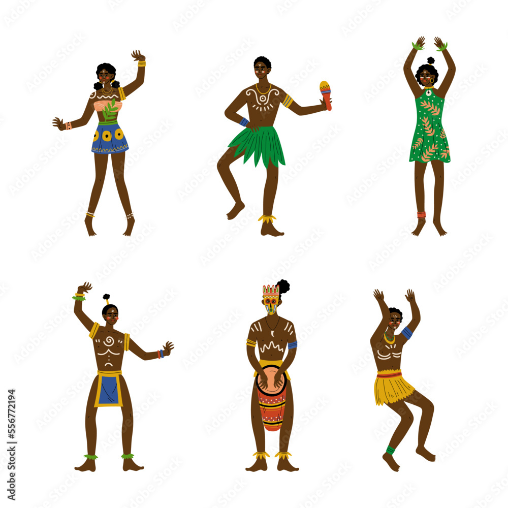 Dancing African people set. Aboriginal men and women in bright ethnic ...