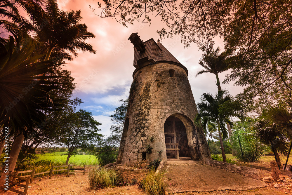 Old windmill on the grounds of the Damoiseau Distillery, remains of ...