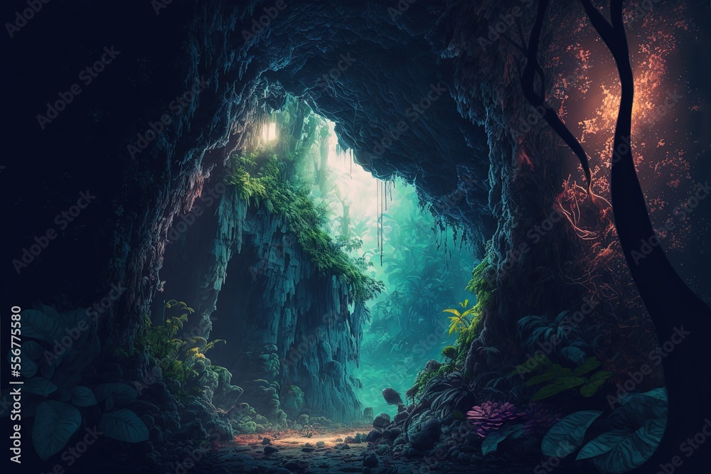 illustration of cave path way open to open air are, jungle with dense ...