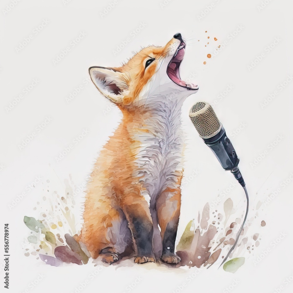 a painting of a fox singing into a microphone with its mouth open and ...