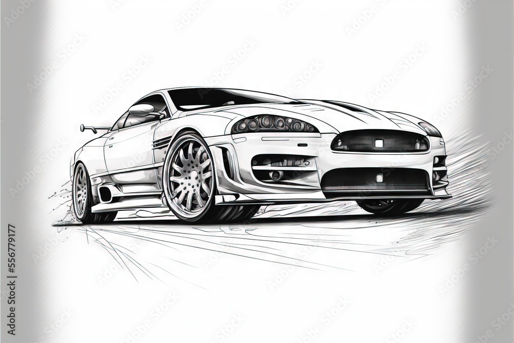 a drawing of a white car on a white background with a black outline of ...