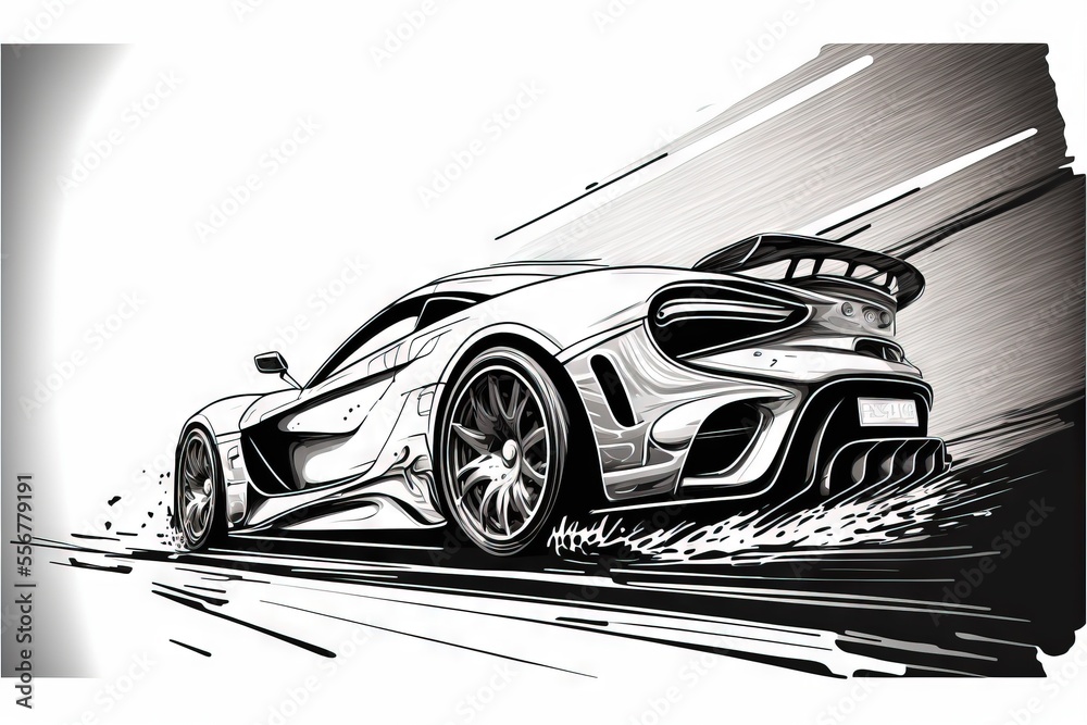 a drawing of a sports car driving on a track with a speedometer on the ...