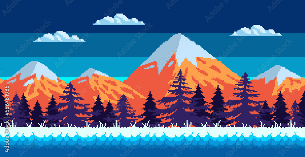 Snowy mountains, fir trees and a starry sky. Pixel art game location. 8 ...