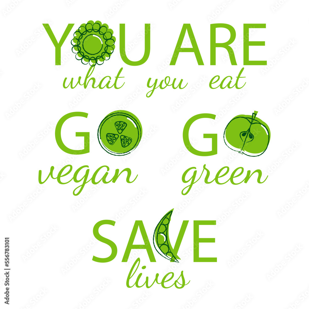 Go vegan motivational phrases vector illustration isolated on white ...