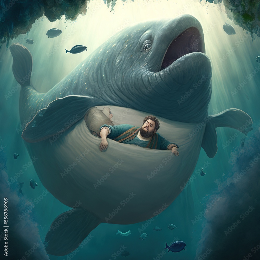 Jonah is swallowed by a large fish. Generative AI. Stock Illustration ...