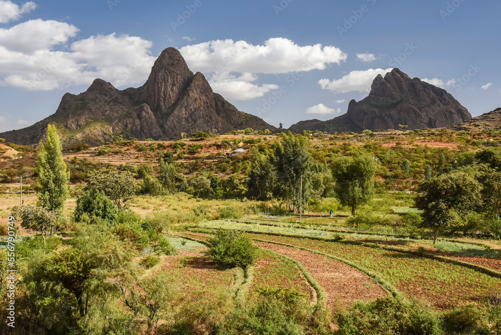 Mountainous rock formations and farmland in the Ethiopian Highlands ...