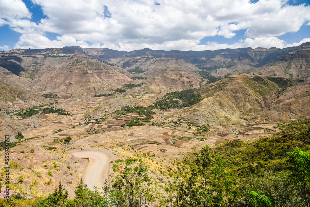 Dirt road through the Ethiopian Highlands with a rural, mountain ...