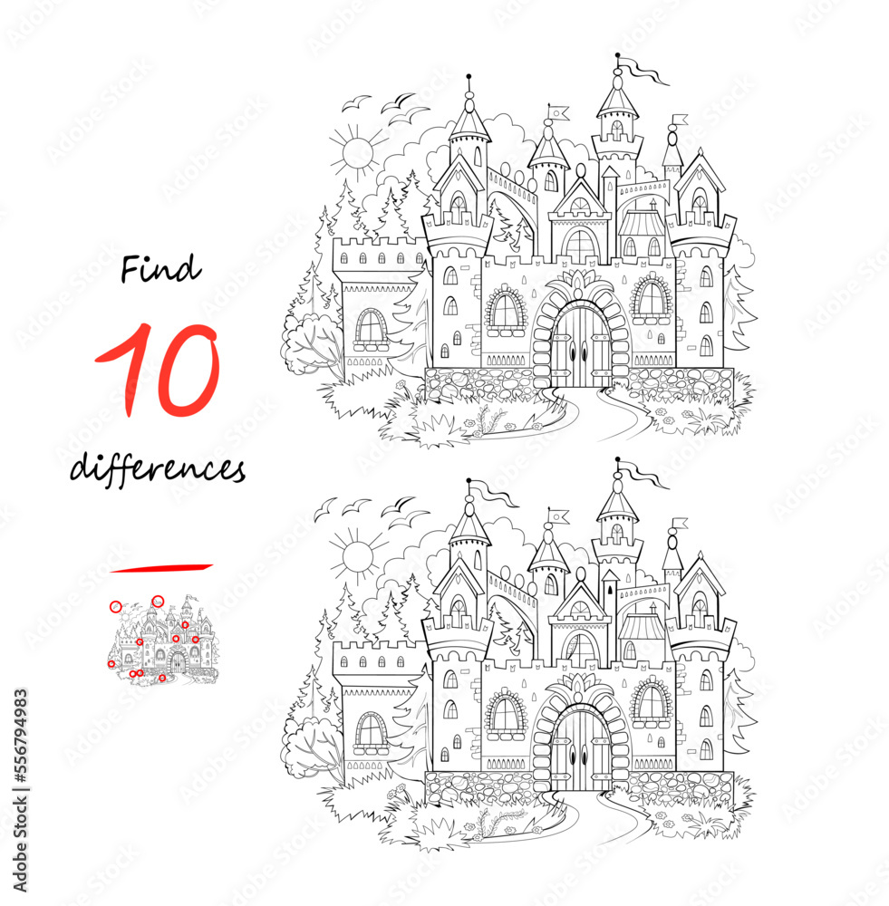 Find 10 differences. Black and white illustration of medieval castle ...