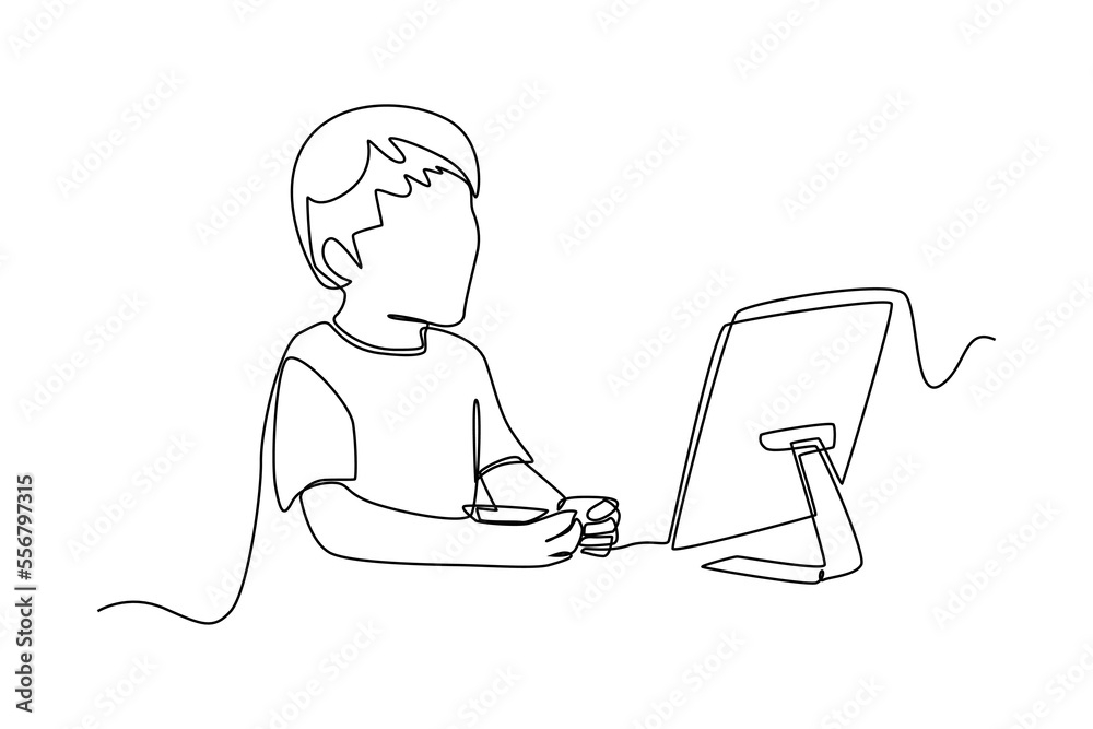 Vecteur Stock Continuous one line drawing kid using computer for Online ...