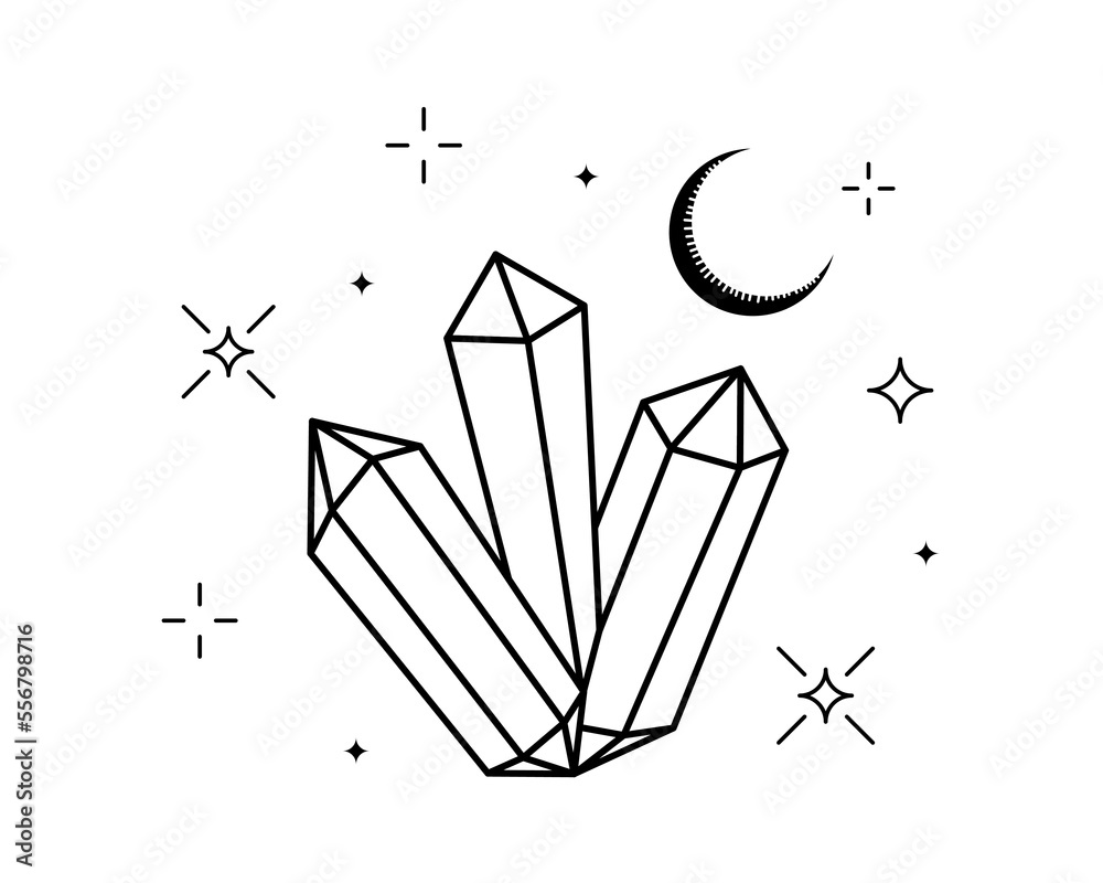 Crystal and stars with mystical moon. Linear astrology symbol ...