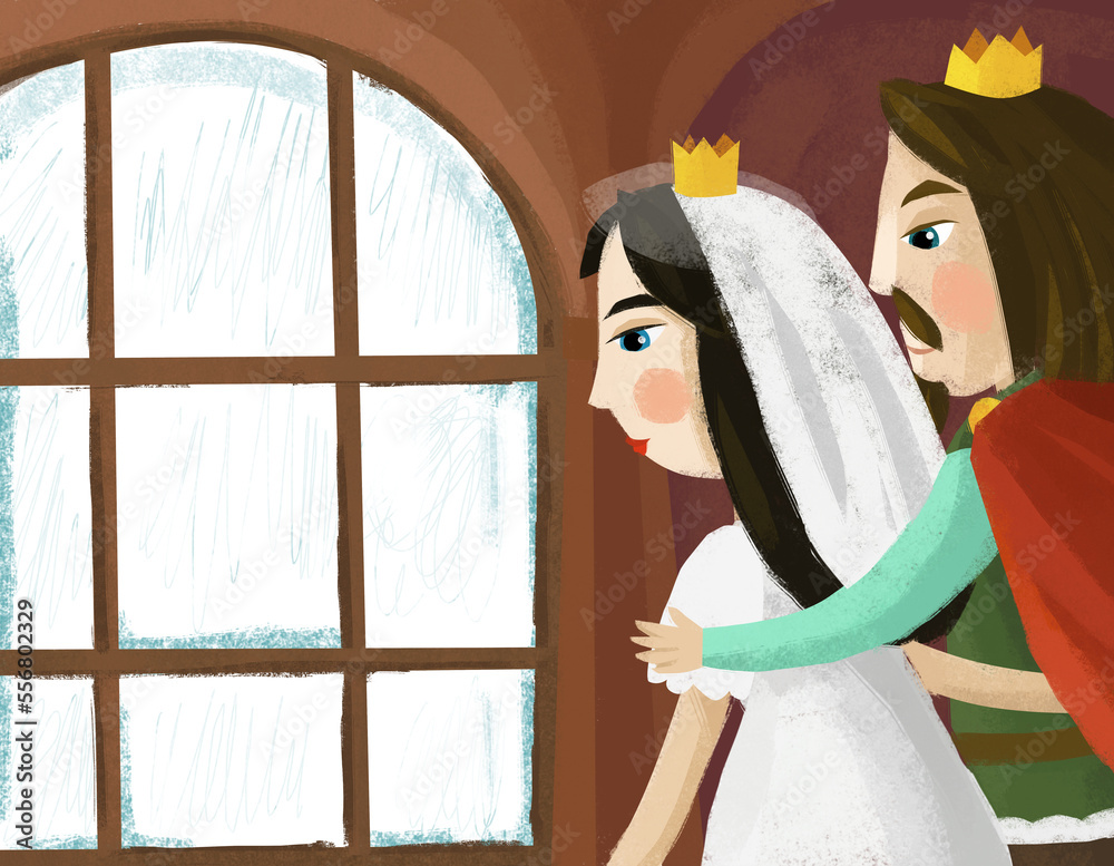 cartoon husband and wife king and queen in castle illustration Stock ...