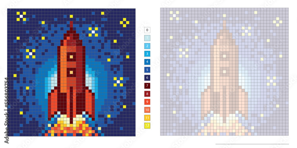 pixel illustration of a flying spaceship, blue background, embroidery ...