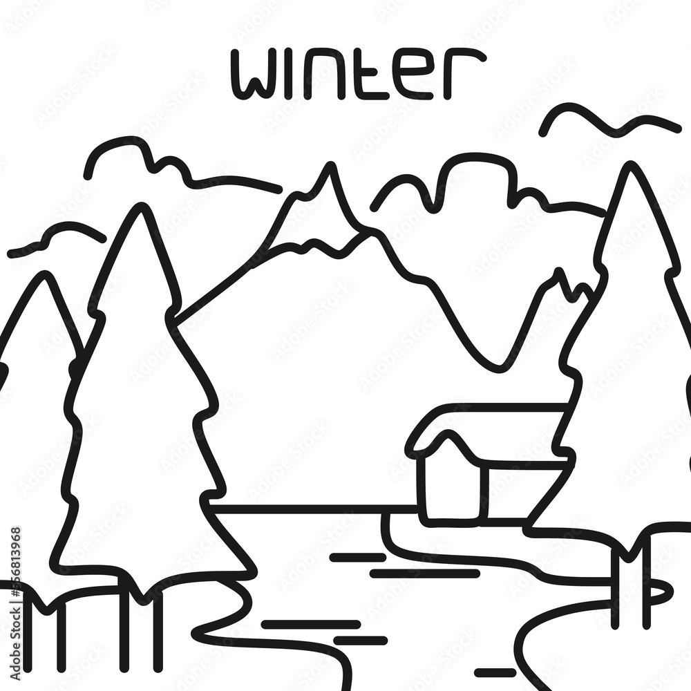 Winter scene outline icon, winter background with snow, pine trees ...