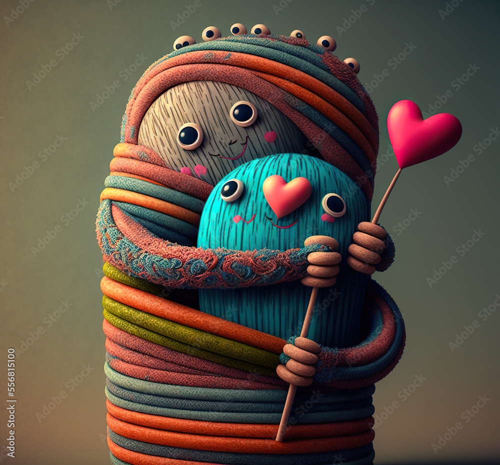 Beautiful warm hug between two colorful fet characters on a dark ...