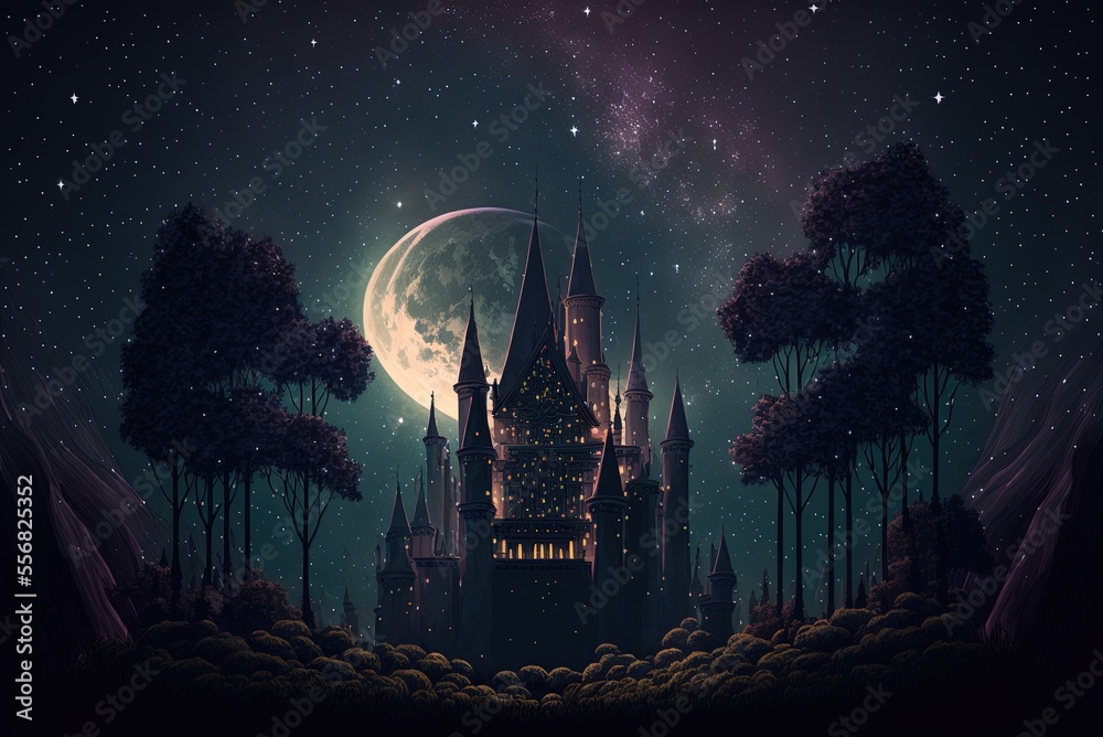 nighttime palace from a fairy tale cartoon night sky Generative AI ...