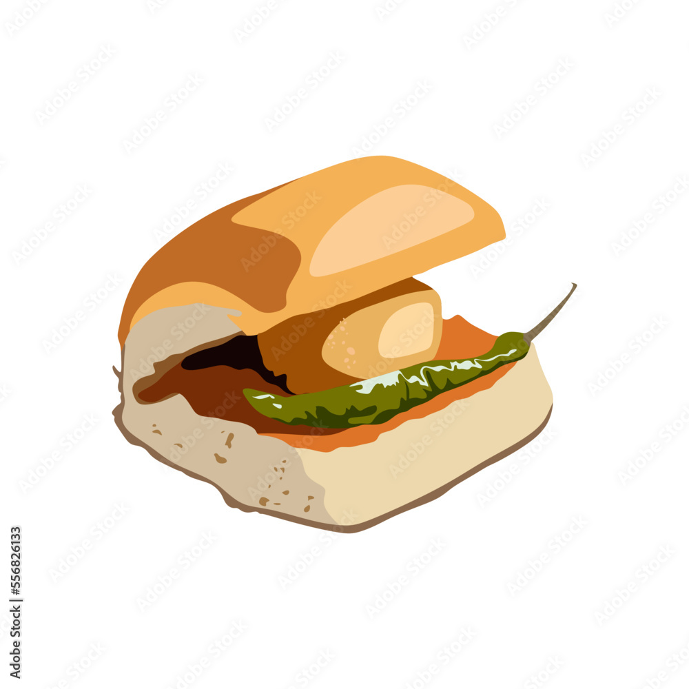 vada pav vector illustration, indian popular snack, flat cartoon design ...