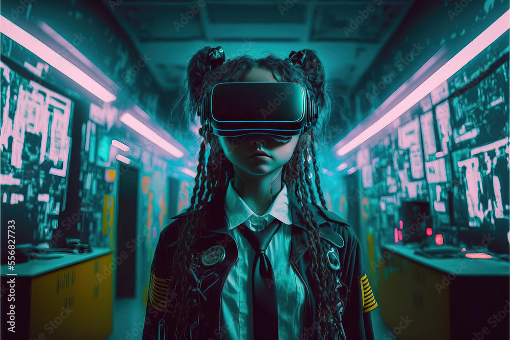 A charming, goth school girl dressed in black wearing a VR headset ...