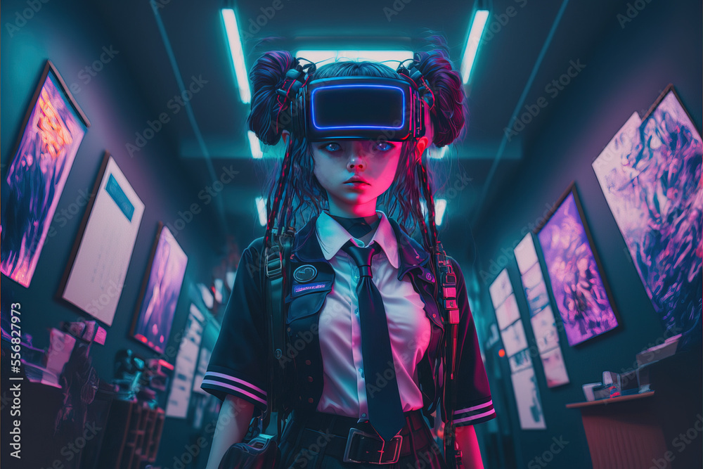 A charming, goth school girl dressed in black wearing a VR headset ...